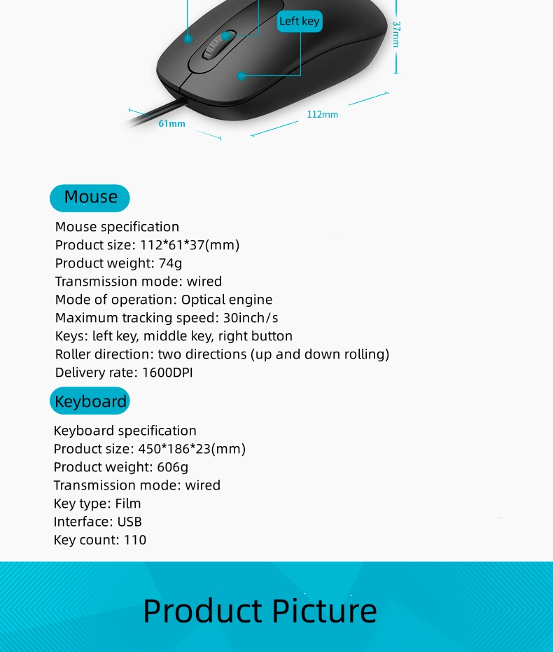 Rapoo NX2000 Wired Keyboard and Mouse Set Combo 1600DPI Spill-Resistant ...