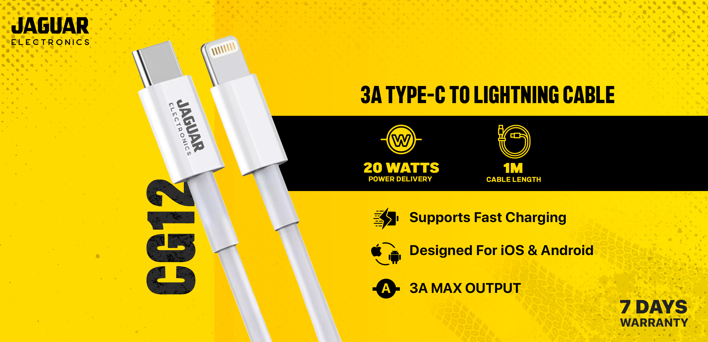 JAGUAR ELECTRONICS CG12 20W PD Quick Charging Data Cable Type-C to ...