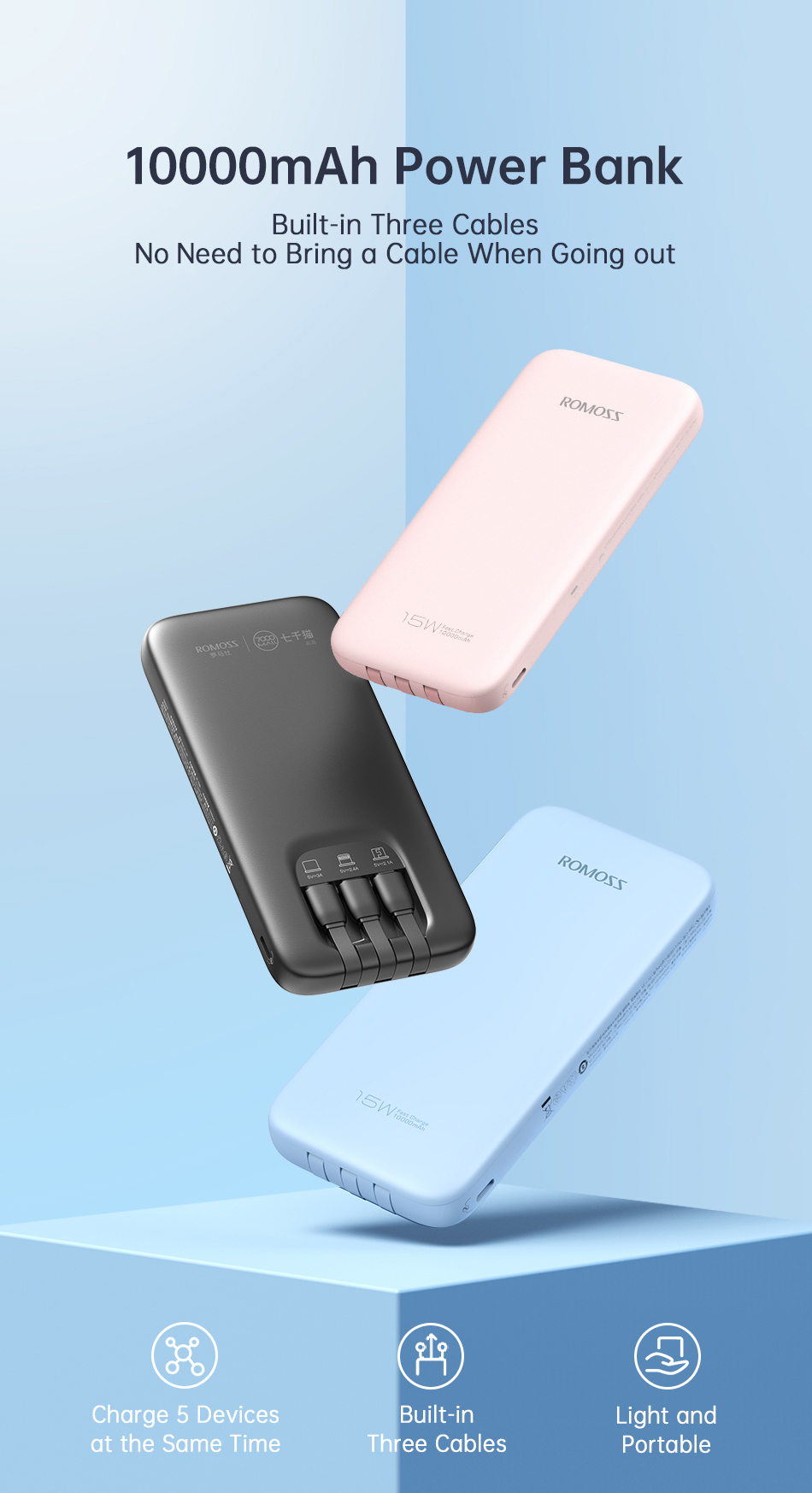 ROMOSS PHC10 10000mAh 15W Powerbank with Cord Built in Light ning ...