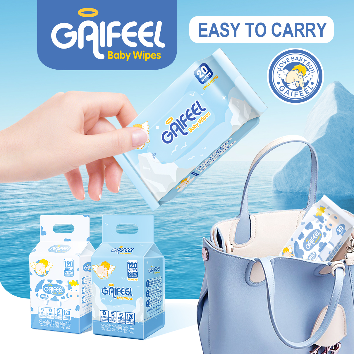 GAIFEEL MINI Baby Wipes 120 Sheets 1 Pack(6 small packs) Unscented Milk Scent Wet Wipes for Baby ...