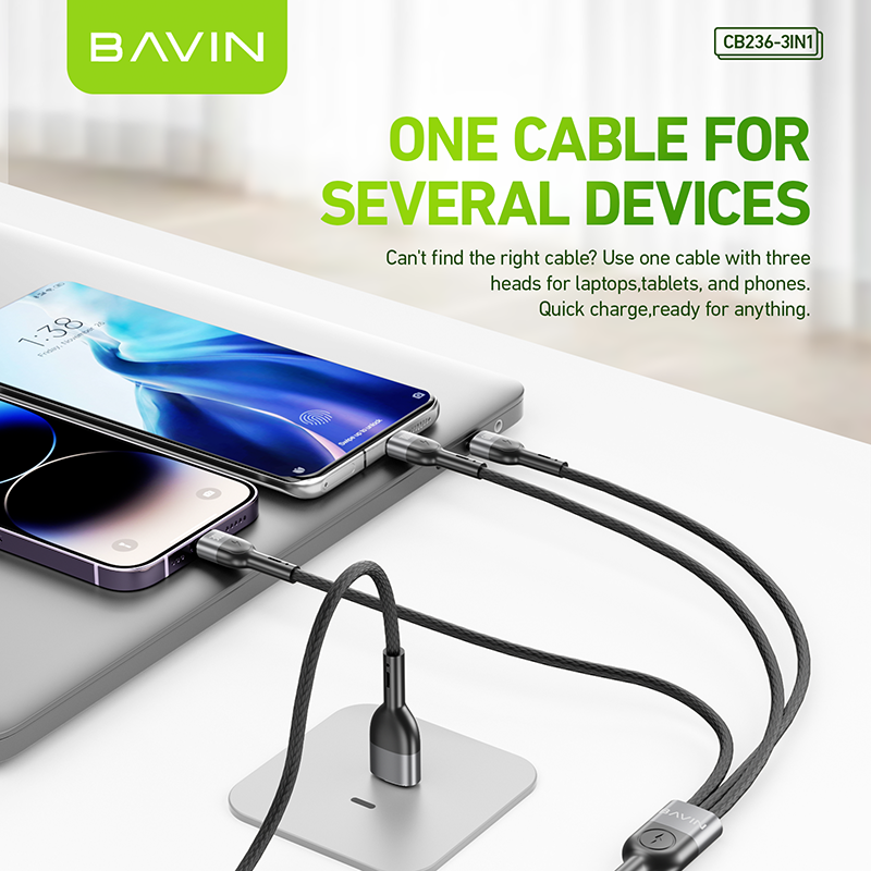 BAVIN CB236 60W 30W 18W 3 IN 1 Fast Charging Cable Nylon Braided Cable ...