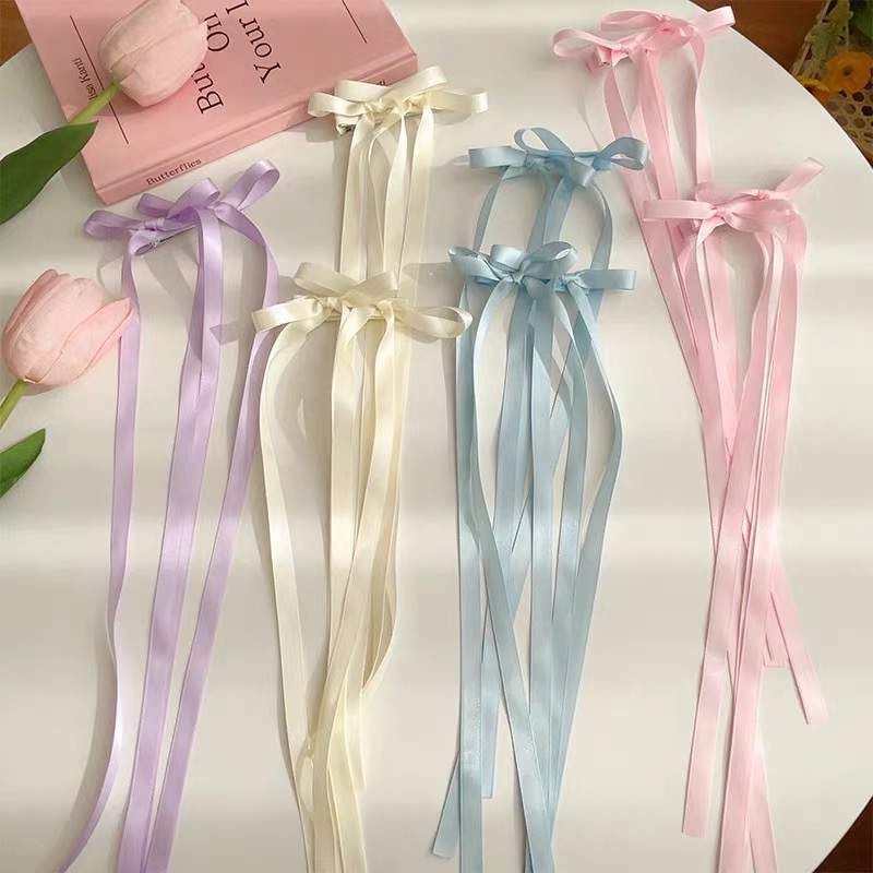 2 Pcs Korean Ribbon Bow Hair Clip Set Long Silk Ribbons Hairpin Ballet ...