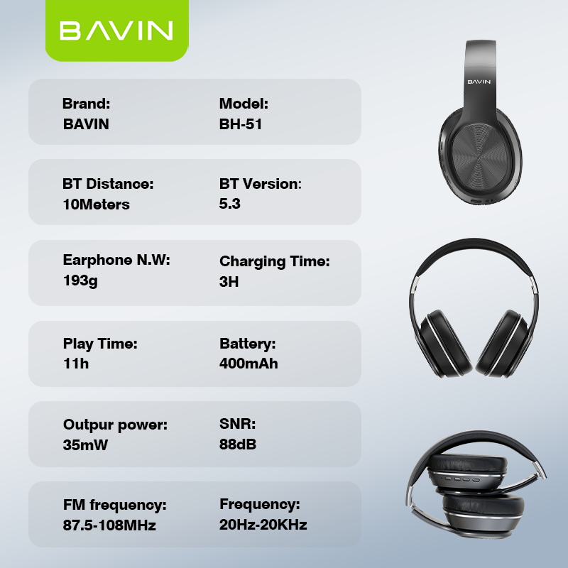 BAVIN BH51 Bluetooth Wireless Earphone Headphone Stereo Sounds w/ Noise ...