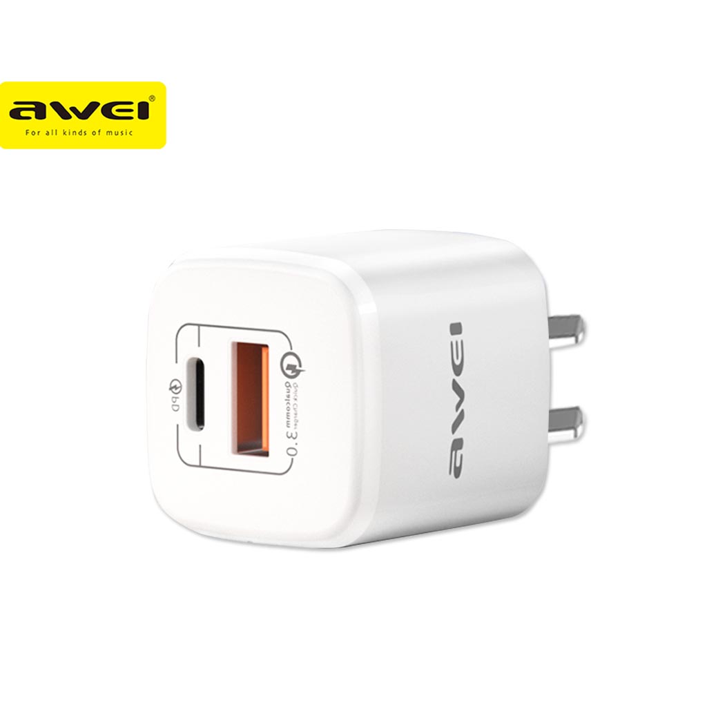Awei C22 Fast Charger Dual Ports Mini PD 20W Type C Charging US Plug QC ...