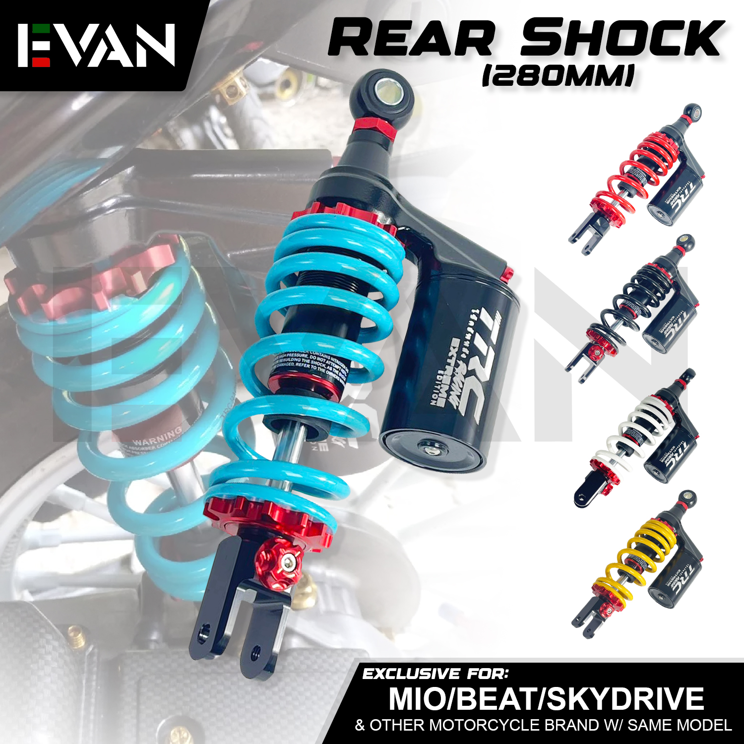 EVAN.PH TRC Rear Mono Shock 280mm W/Gas Tank Absorber For (Mio Beat Fi Click Skydrive Fino ...