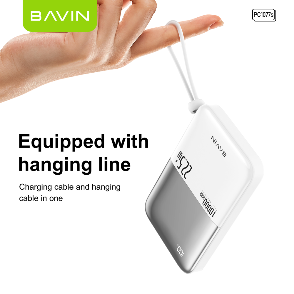 BAVIN PC1077 Mini Slim Fast Charging Powerbank 10000mAh 22.5W w/ Built-In LED Display & Cable ...
