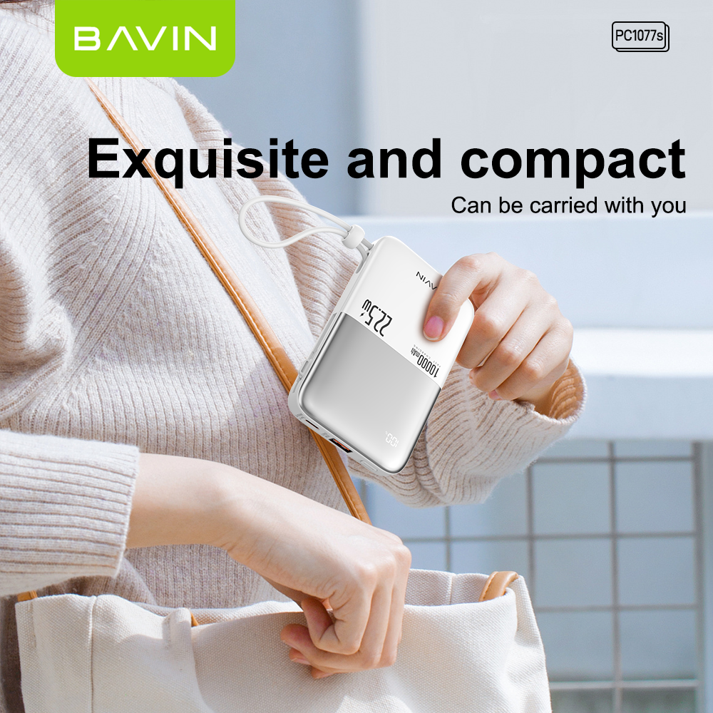 BAVIN PC1077 Mini Slim Fast Charging Powerbank 10000mAh 22.5W w/ Built-In LED Display & Cable ...