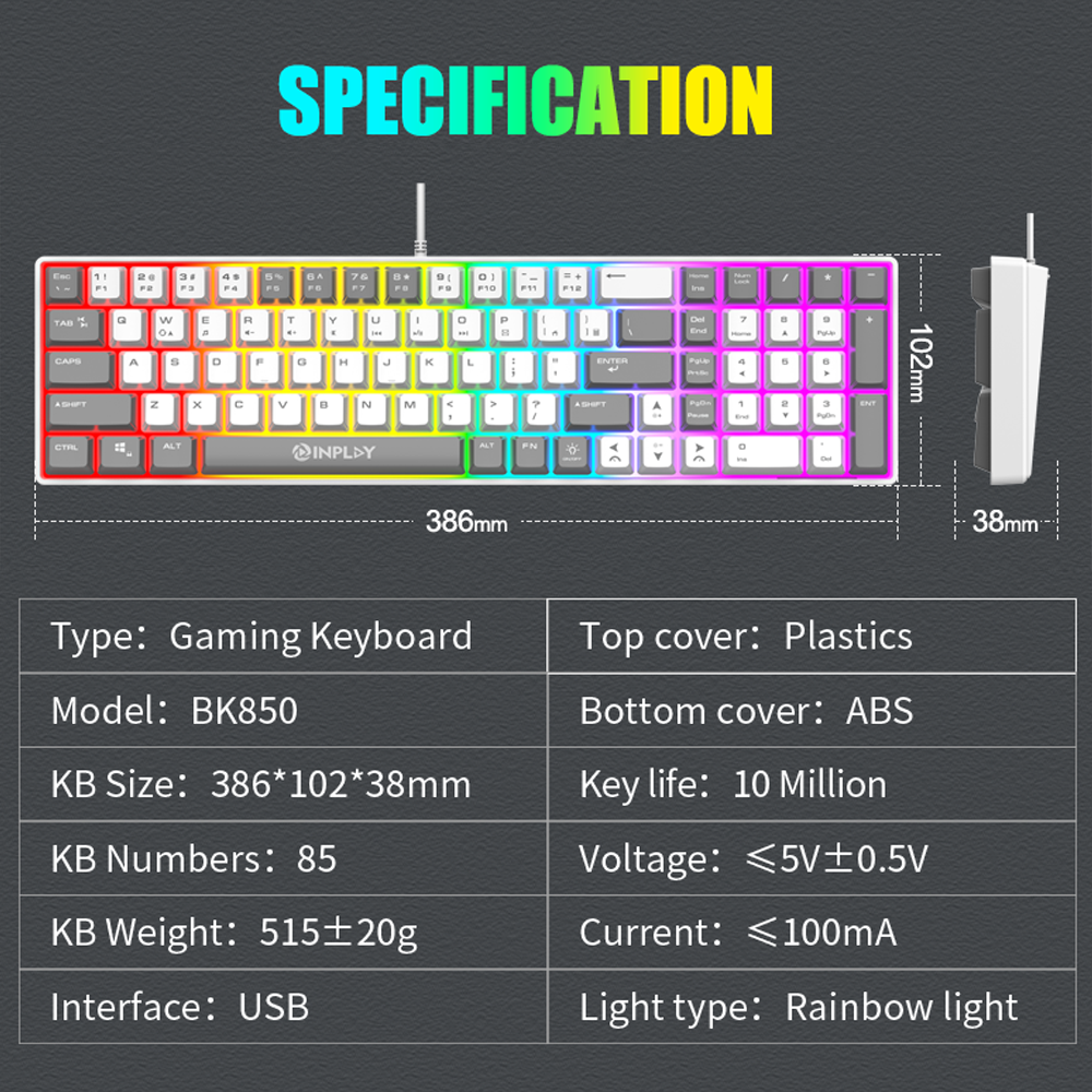 Inplay BK850 RGB Membrane Keyboard Rainbow Light Waterproof Smooth ...