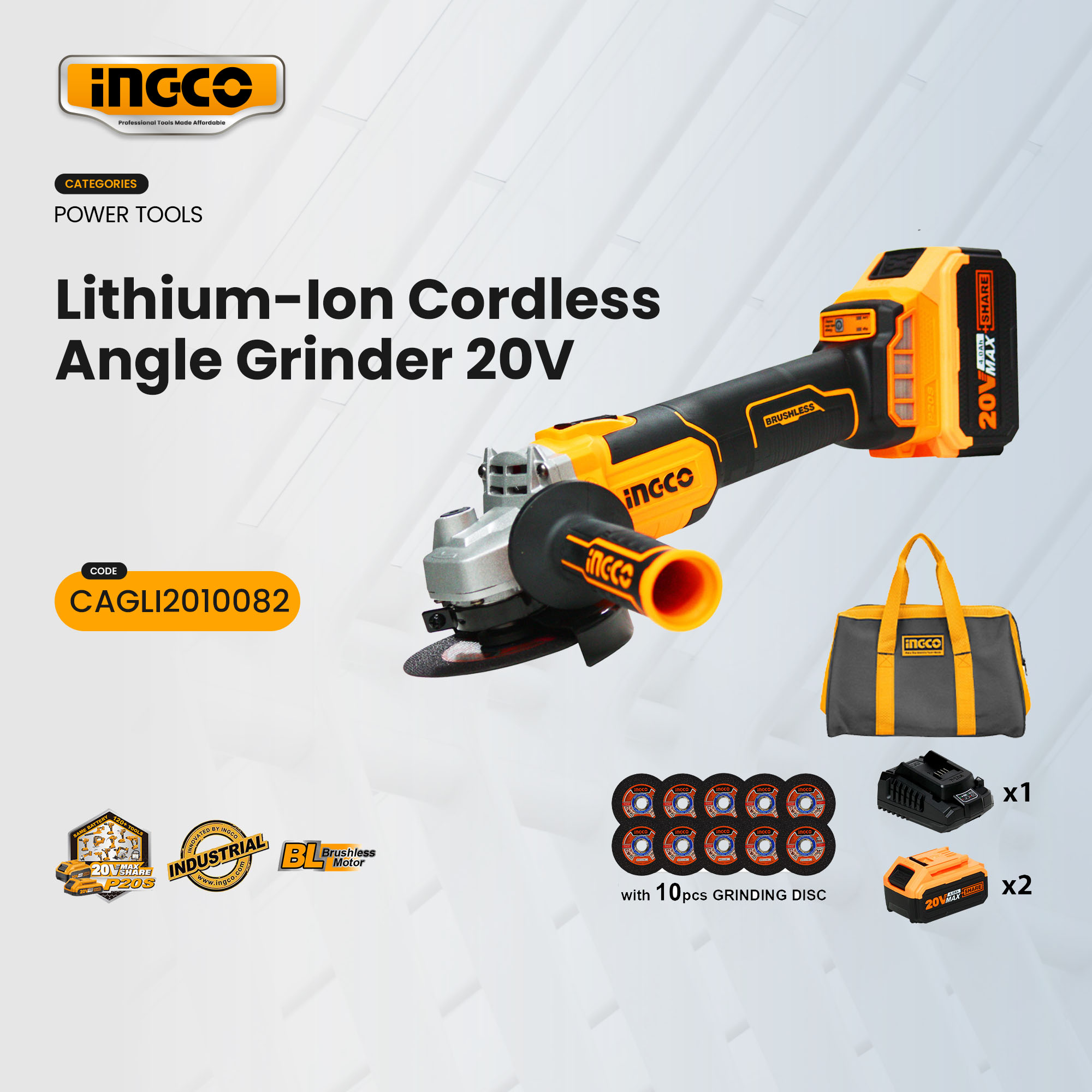 INGCO 20V Lithium-Ion Angle Grinder with 2pcs Battery, 1pc Charger ...