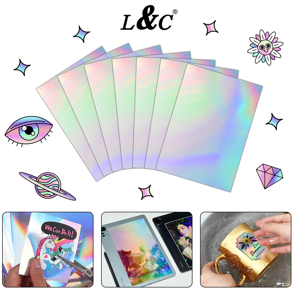 L&C Holographic Inkjet Vinyl Sticker Waterproof A4 20Sheets With ...
