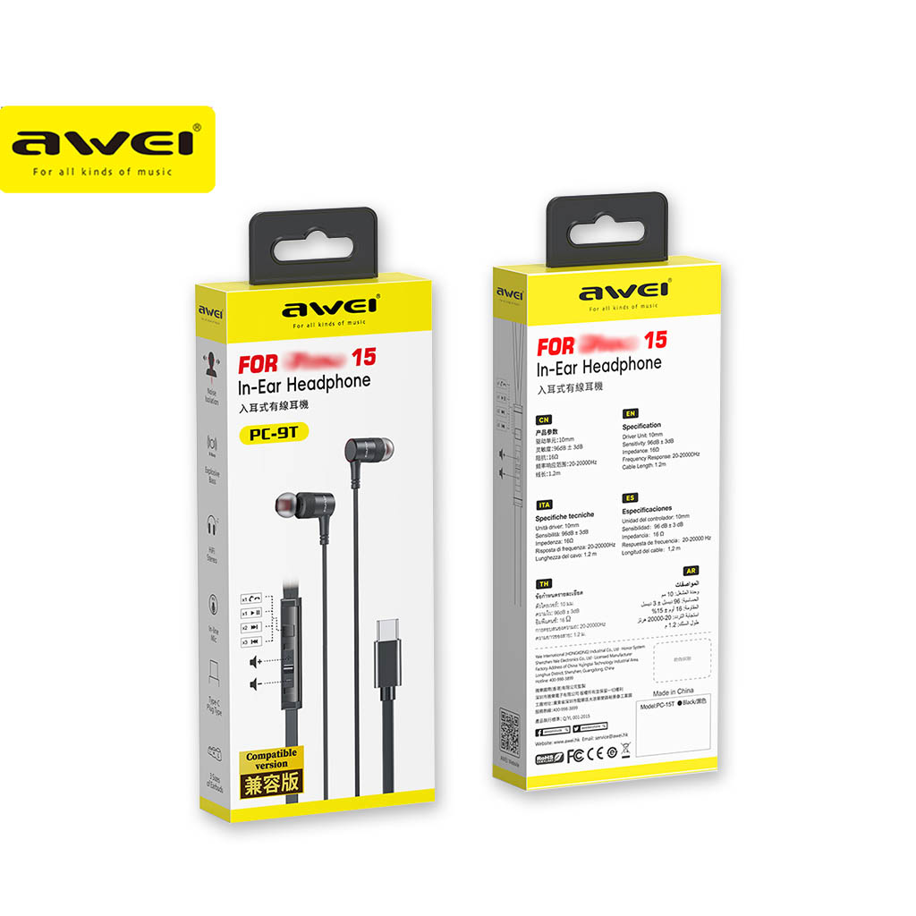 Awei PC-9T Wired In-Ear Headset Noise Isolation Earbuds Type-C Plug ...
