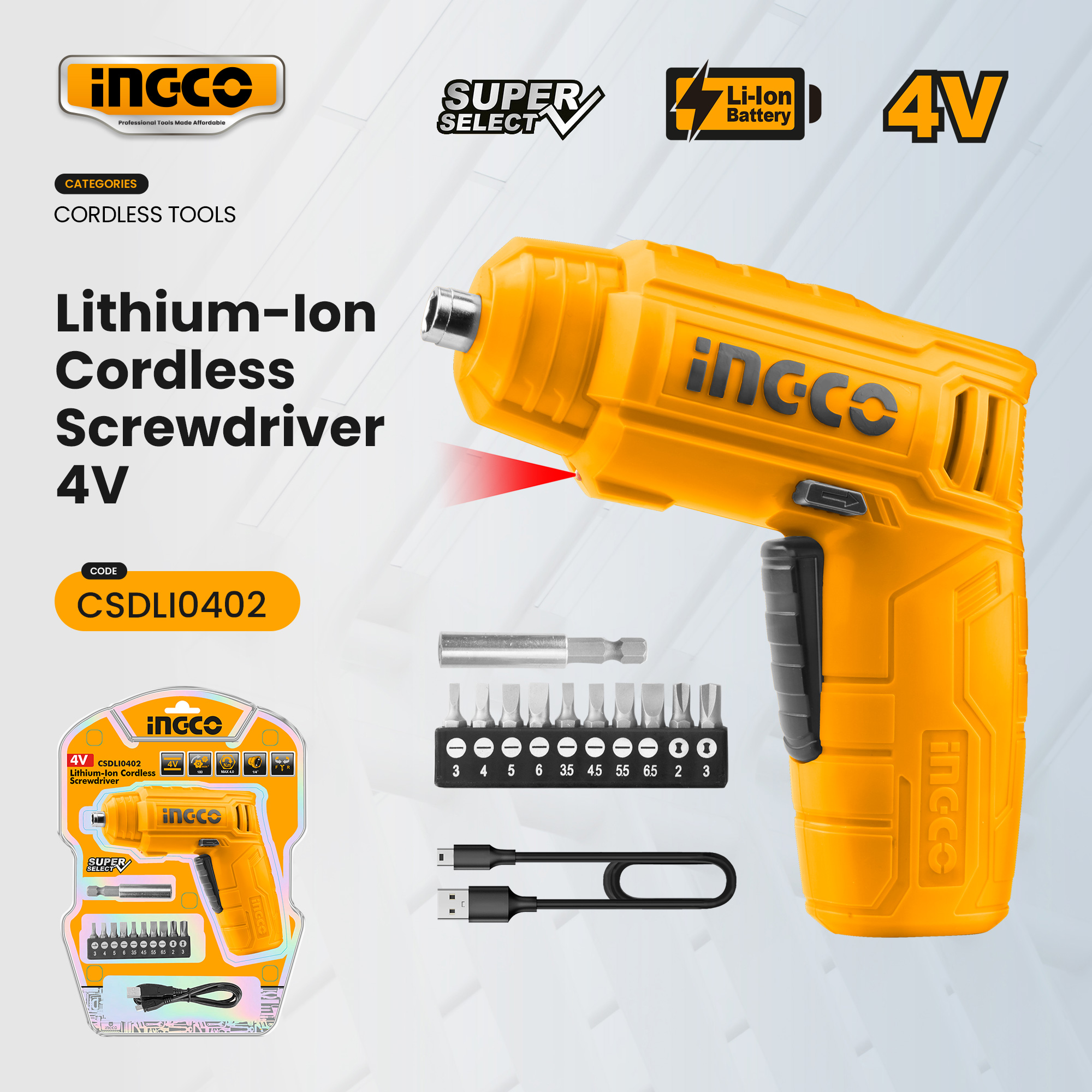 Ingco Lithium-Ion Cordless Screwdriver Set 4V / 8V with Handheld with ...