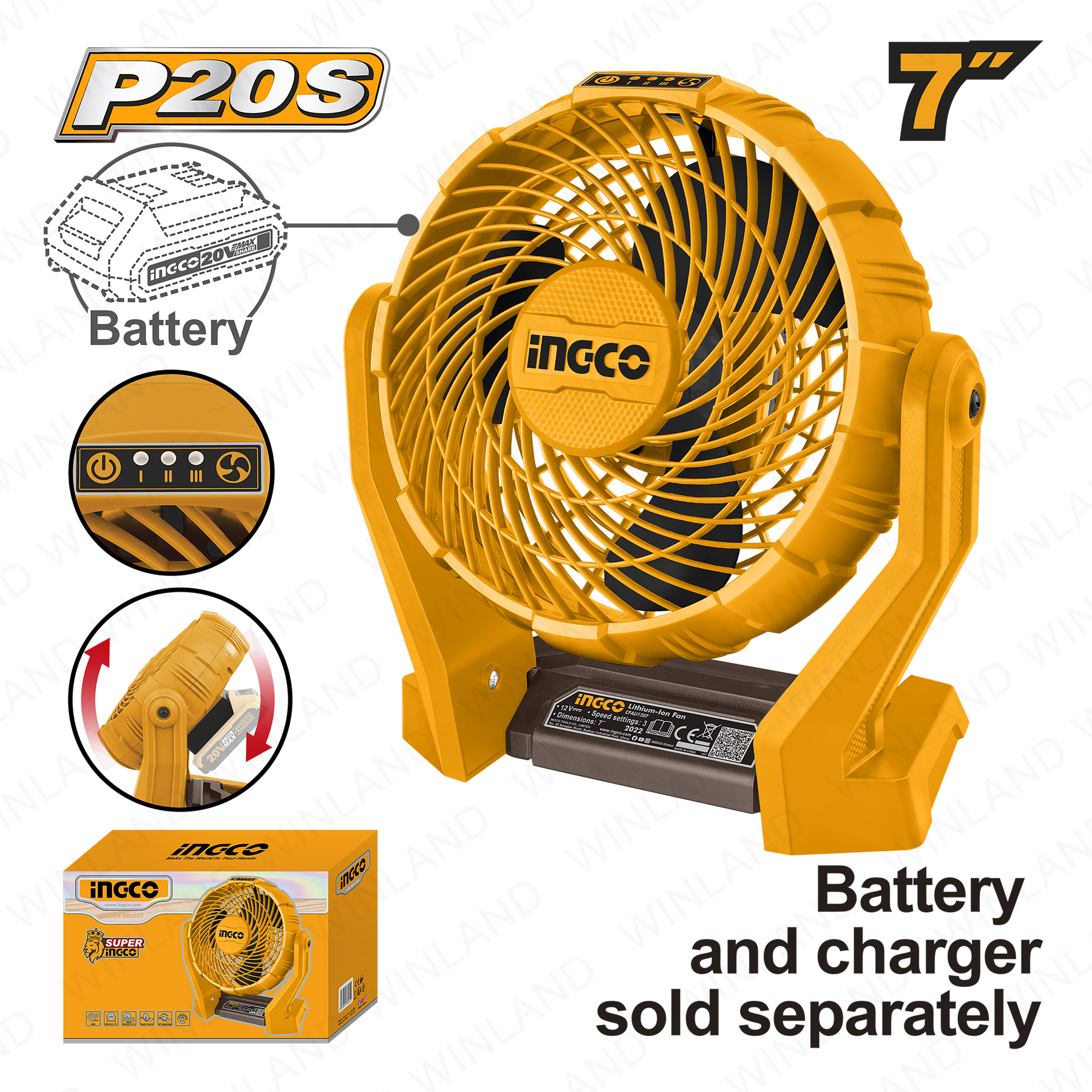 Ingco by Winland 7inches/3-Speed Cordless Lithium-Ion Fan/Electric Fan ...