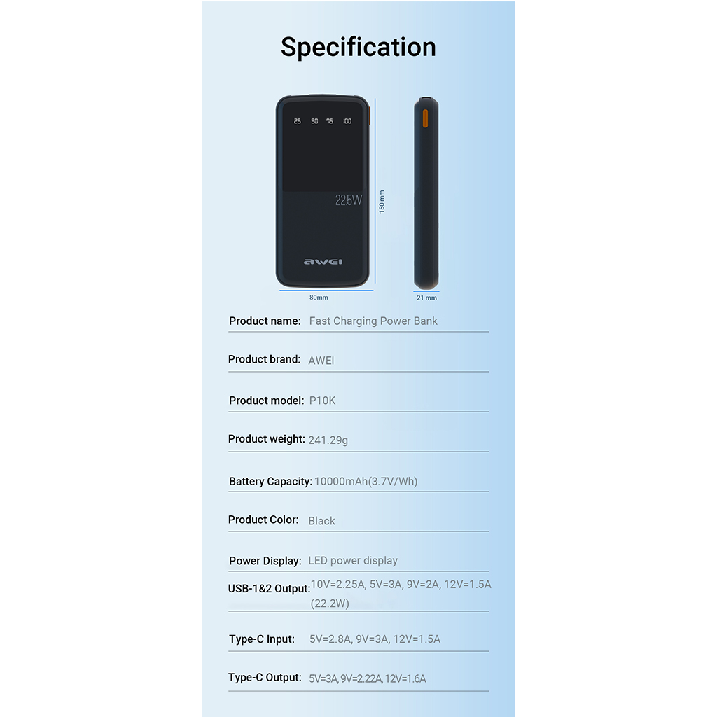 Awei P10K 10000mAh Power Bank Quick Charge Powerbank 2-USB Output 22.5W ...