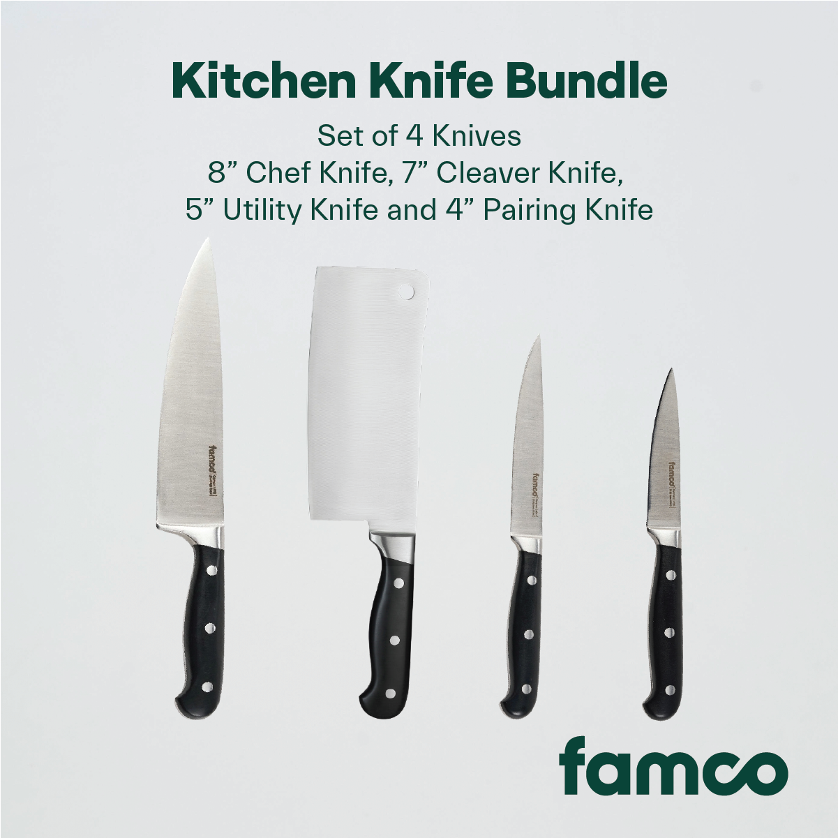 Famco Kitchen Knife, Set of Knives, 8" Chef, 7" Cleaver, 5" Utility, 4 ...
