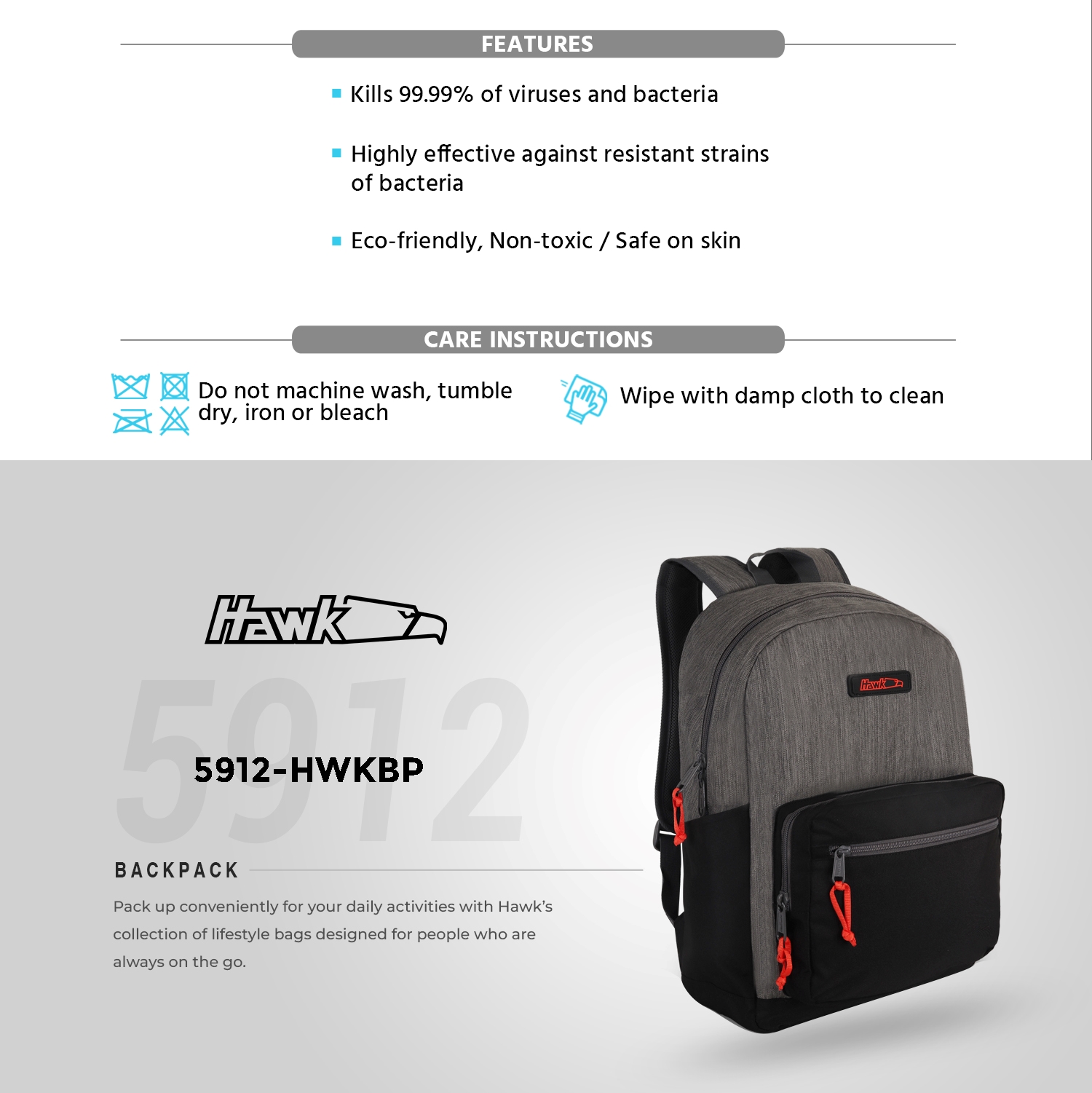 Hawk 5912 Lifestyle Backpack with VIRUPRO Anti-Microbial Protection ...