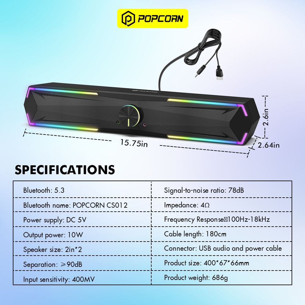 Popcorn Soundbar RGB LED Light Gaming Bass Speaker Wireless Bluetooth 5 ...