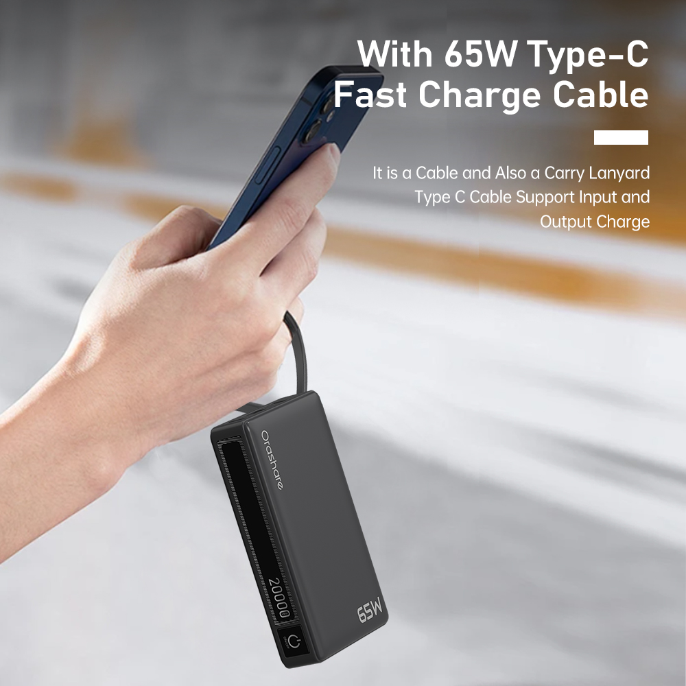Orashare PLC265 Powerbank 20000mAh PD 65W Built-in Type C Cable Super ...