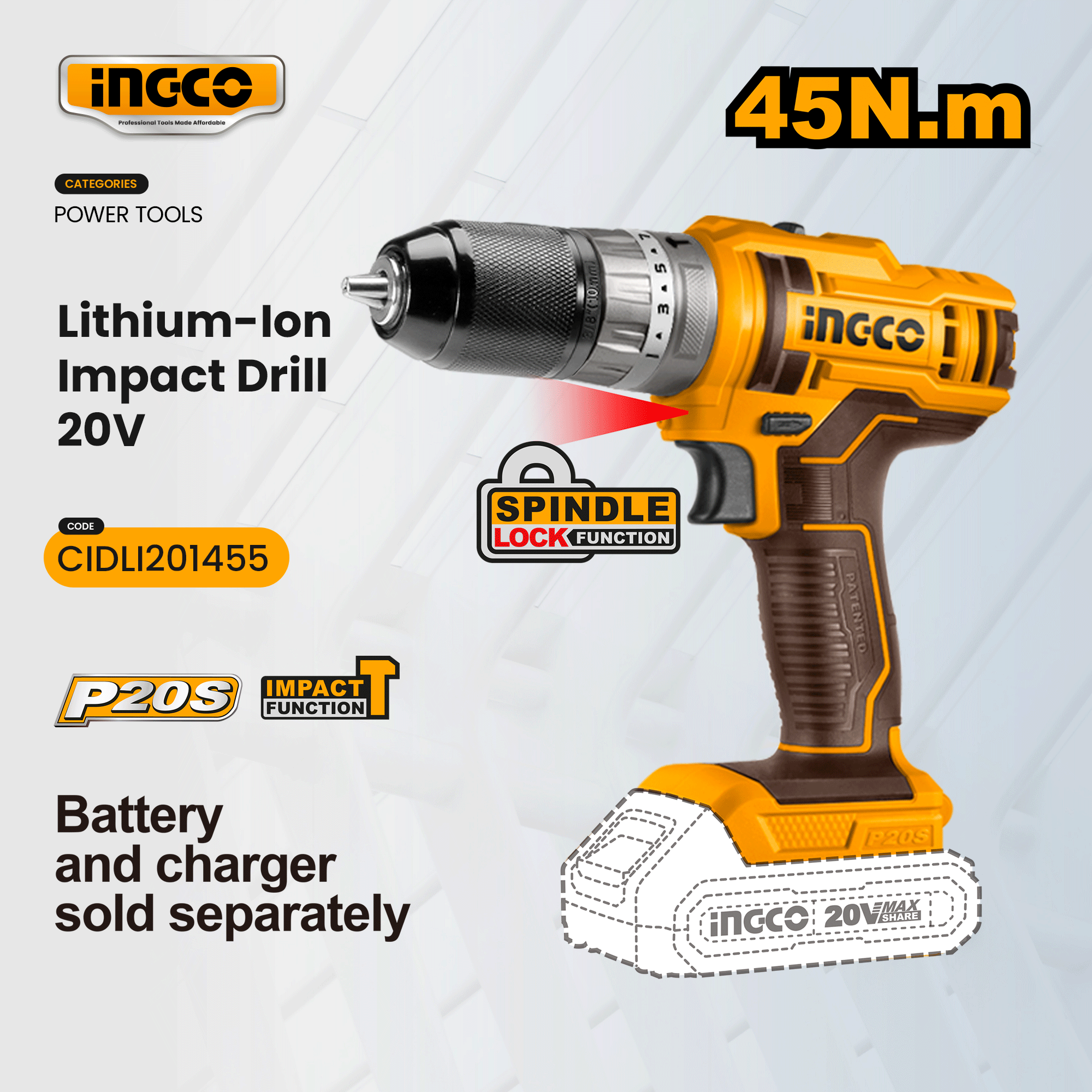 Ingco 20V Lithium-Ion Cordless Impact Drill (Battery and Charger Sold ...