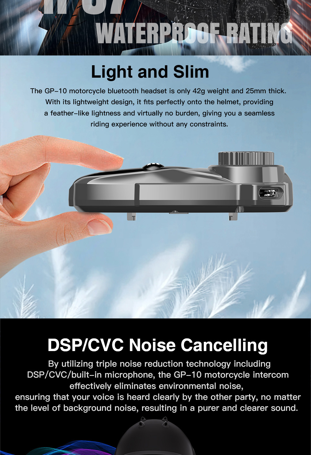 GILLE GP10 Mesh Motorcycle Intercom For Helmet Hi-FI Sound Bluetooth 5. ...