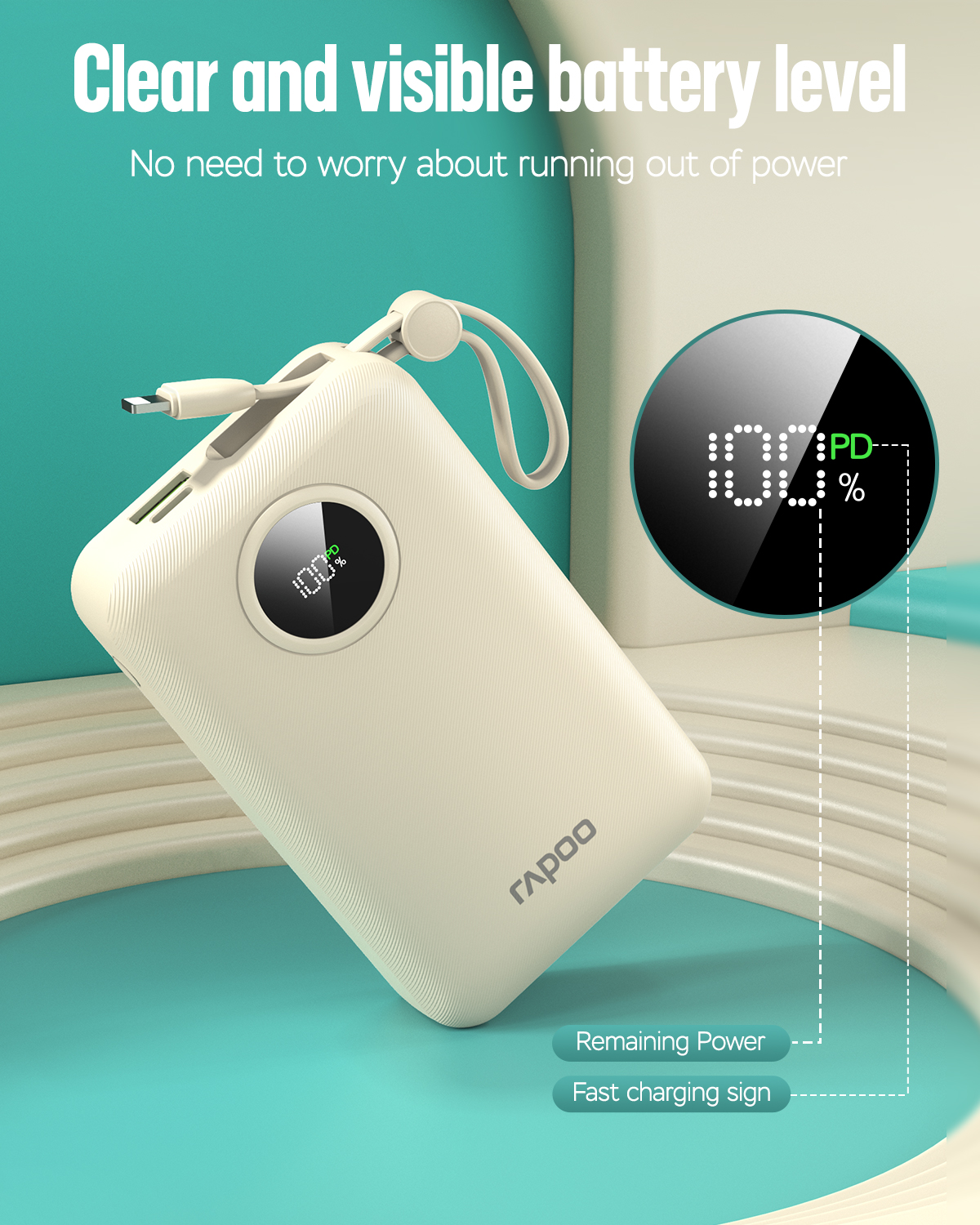 Rapoo RH20ms Pro 20000mAh Power Bank Built-in Cables PD20W Powerbank ...