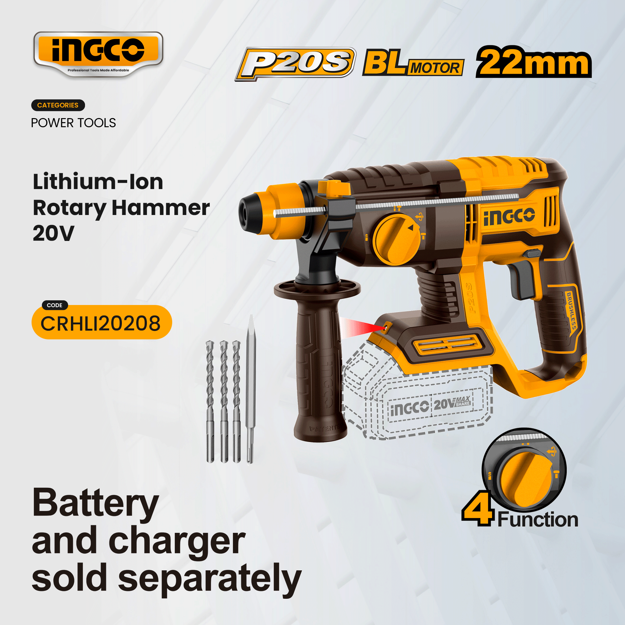 Ingco 20V Lithium-Ion Cordless Rotary Hammer Chipping Gun Brushless ...
