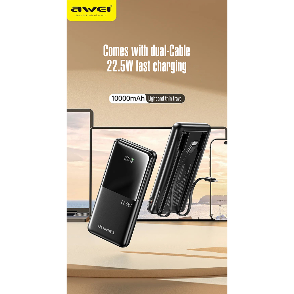 Awei P76K 10000mAh Powerbank with Built-in Cable Dual Output LED Power ...