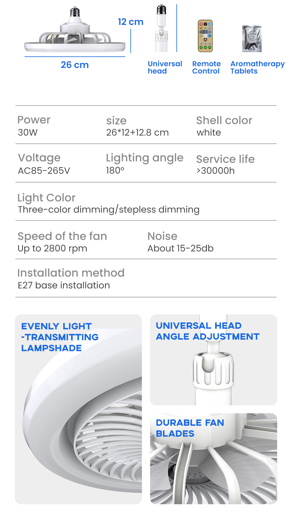 RONG RIVER 3Colors 30W Ceiling Fan with Light 360° Adjust Bulb Light ...