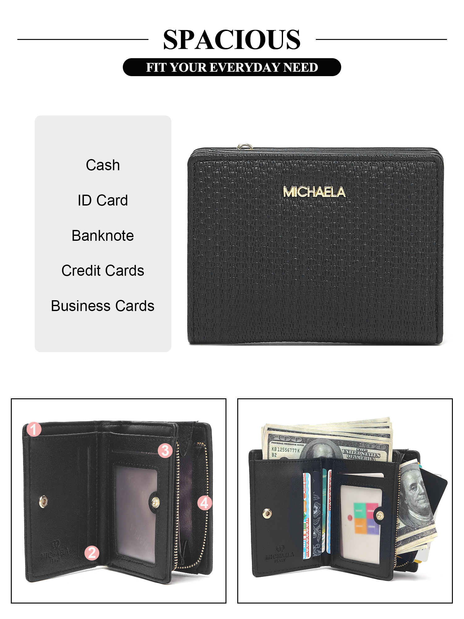 MICHAELA Straw Textured Short Wallet with 5 Card Holders Zip Coins ...