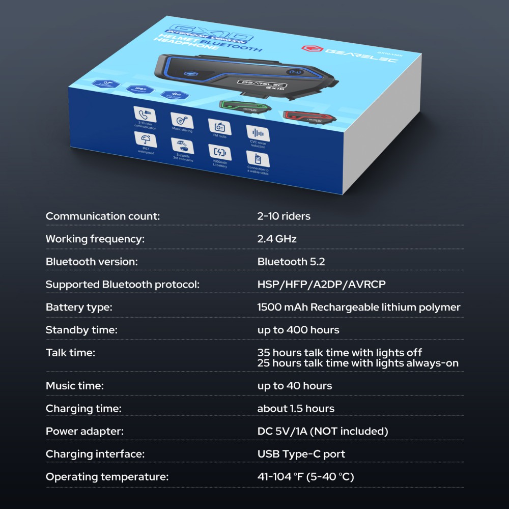 GEARELEC GX10 Motorcycle Helmet Intercom Headset For 10-Riders 2000M ...