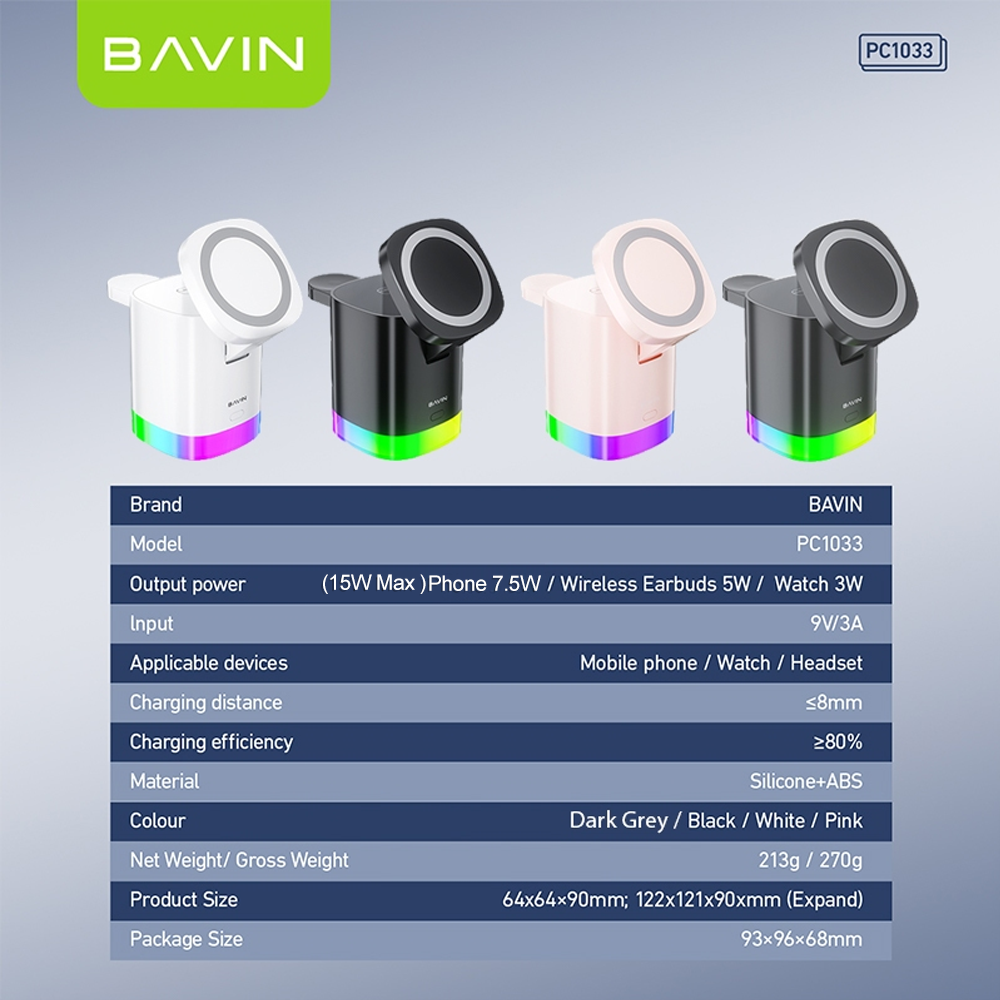BAVIN PC1033 Fast Charging 3-in-1 Magnetic Wireless Charger Dock ...