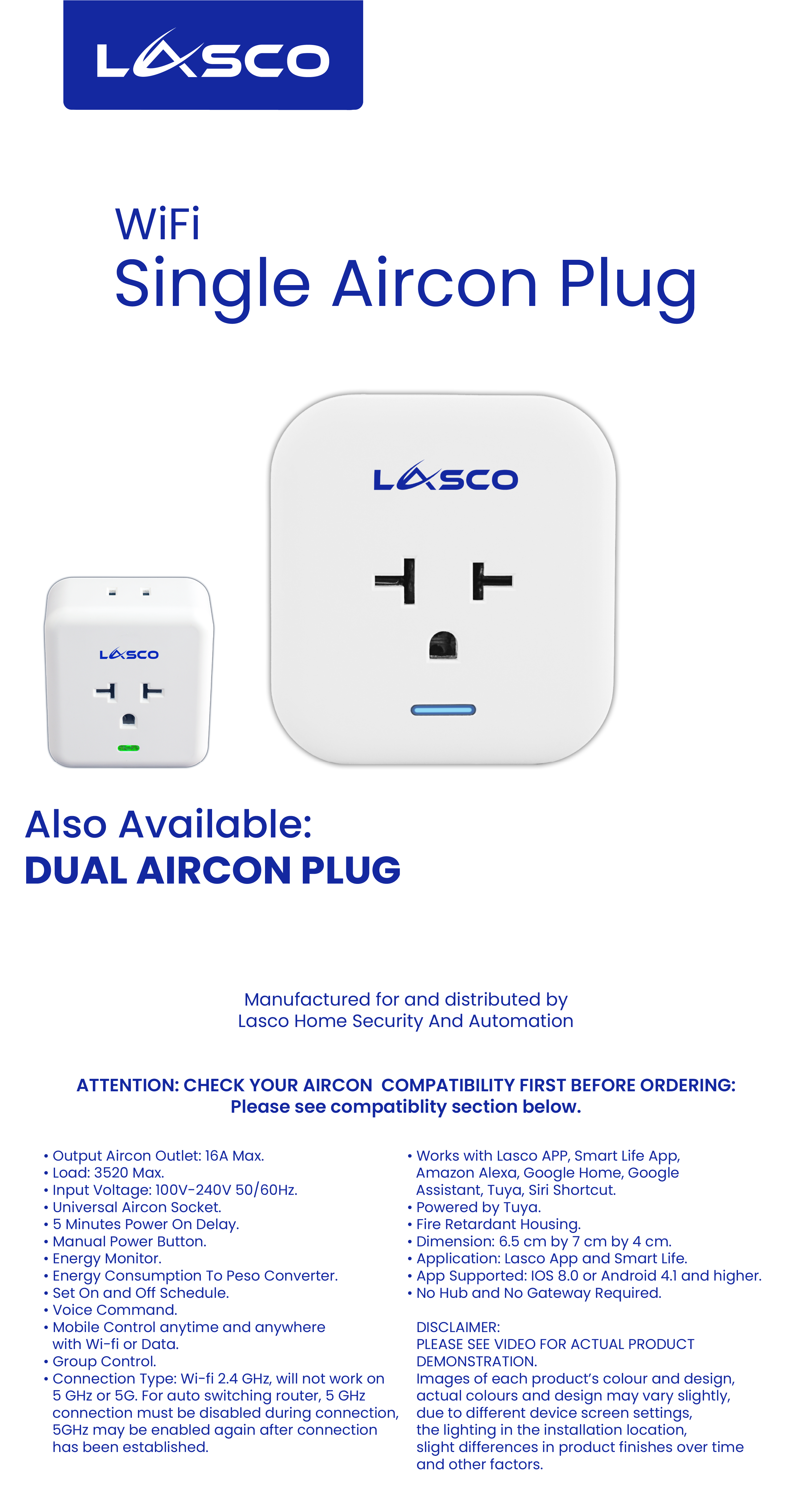 Lasco Wi-Fi Power on Delay Single Aircon Plug Smart Socket Wireless ...