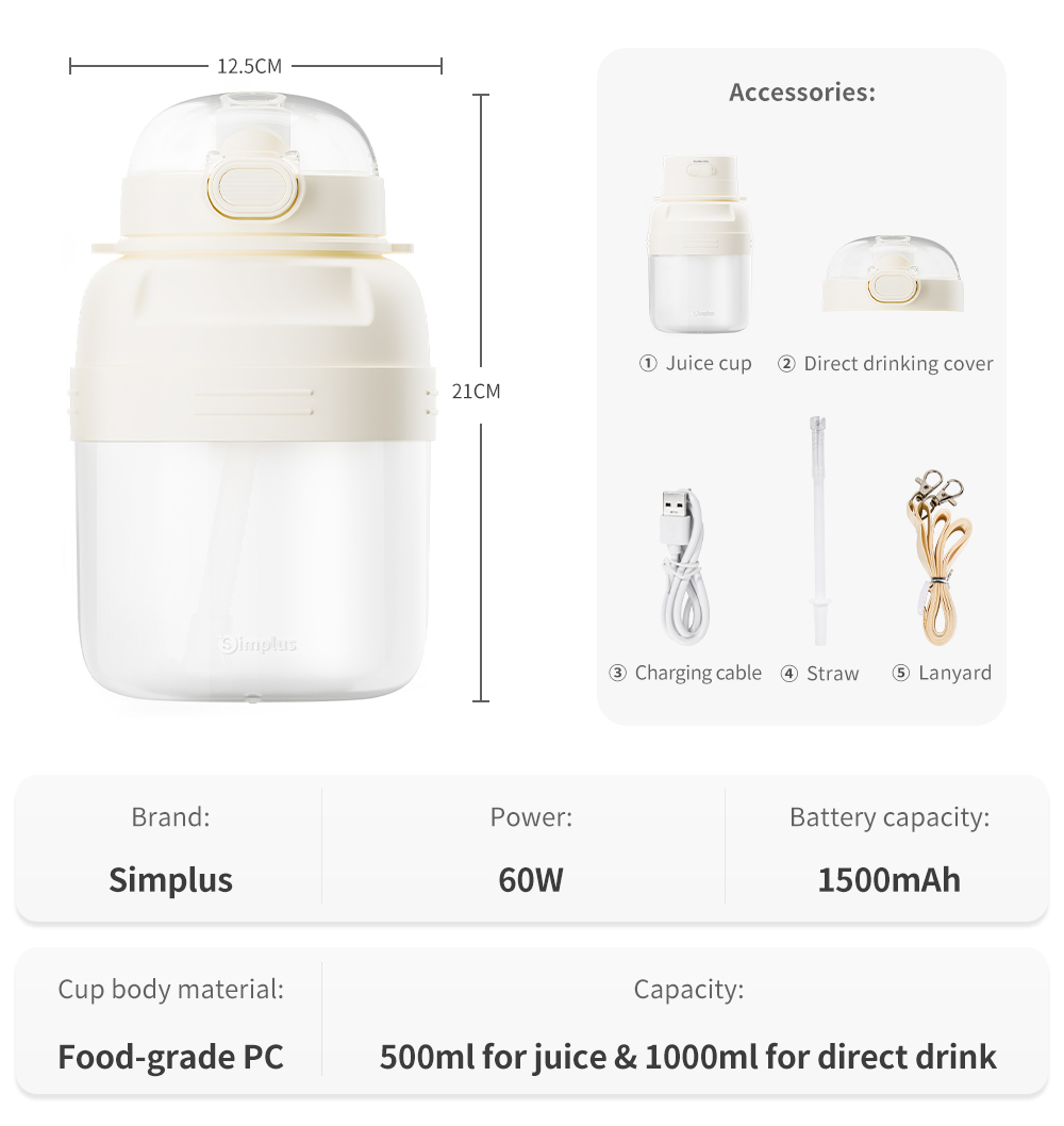 Simplus Cordless Portable Blender Juicer USB Rechargeable 1L Capacity ...