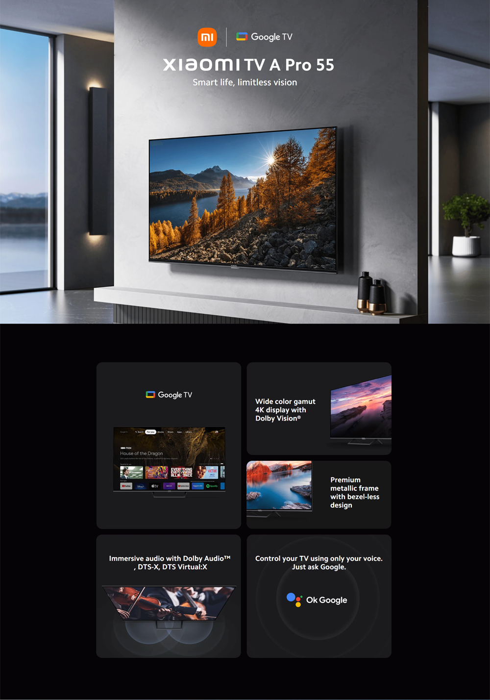 Xiaomi TV A Pro 55 inch 4K Ultra HD Dolby Vision Google TV Dolby Audio Premium Metallic Frame ...