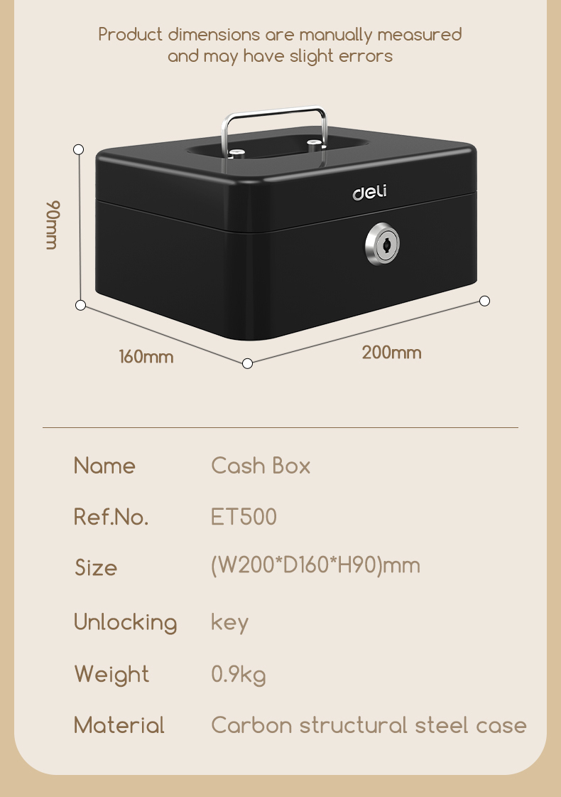 Deli Cash Box With Lock Portable Safety Cash Coin Money Box Security ...