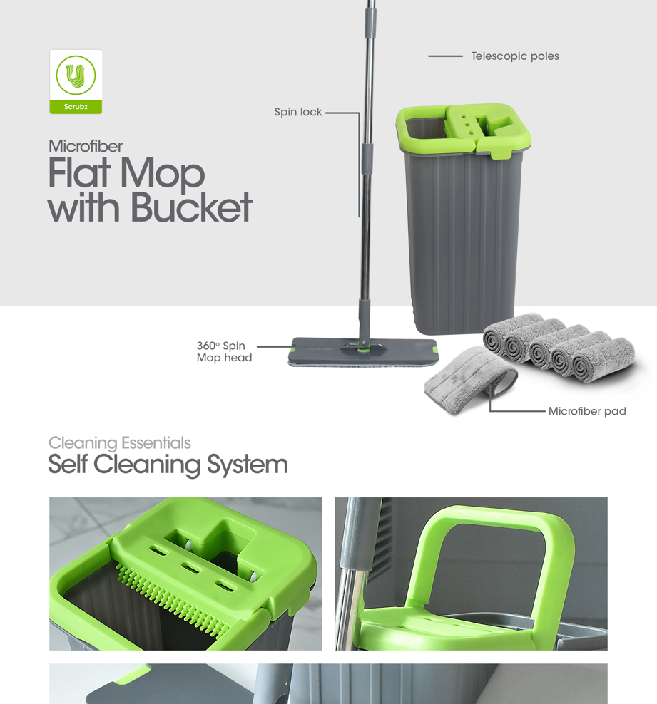 SCRUBZ Flat Mop w/ Bucket 21x18x36cm Microfiber 360ᴼ Floor Mop Home ...