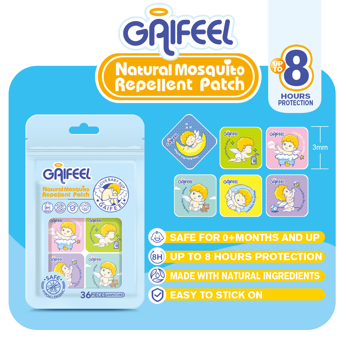 GAIFEEL Baby 36 PCS Mosquito Patch Natural Mosquito Repellent Patch Up to 8 Hours 6X6PATCHES ...