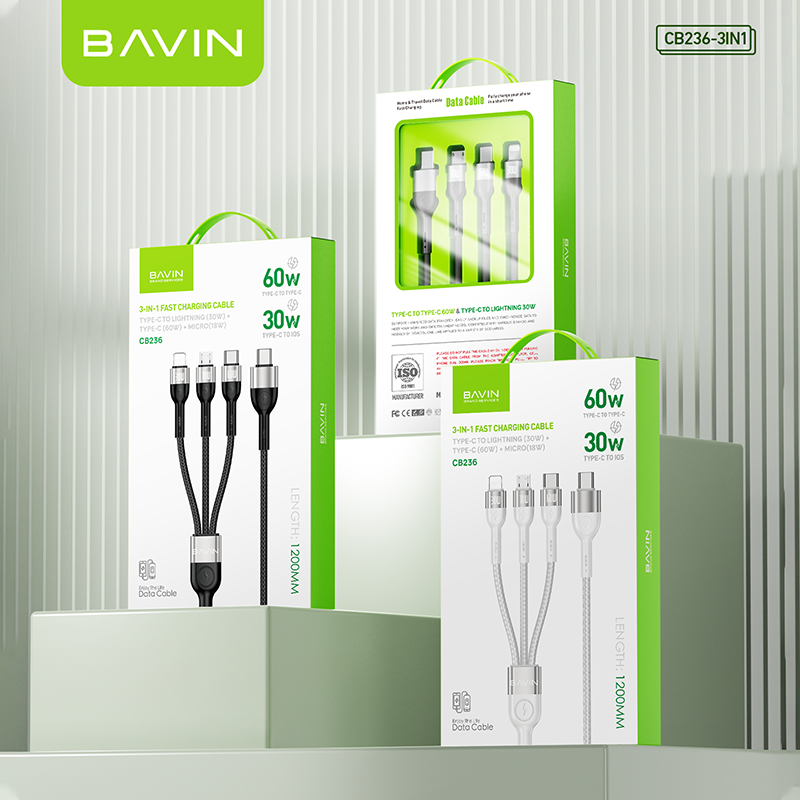 BAVIN CB236 60W 30W 18W 3 IN 1 Fast Charging Cable Nylon Braided Cable ...
