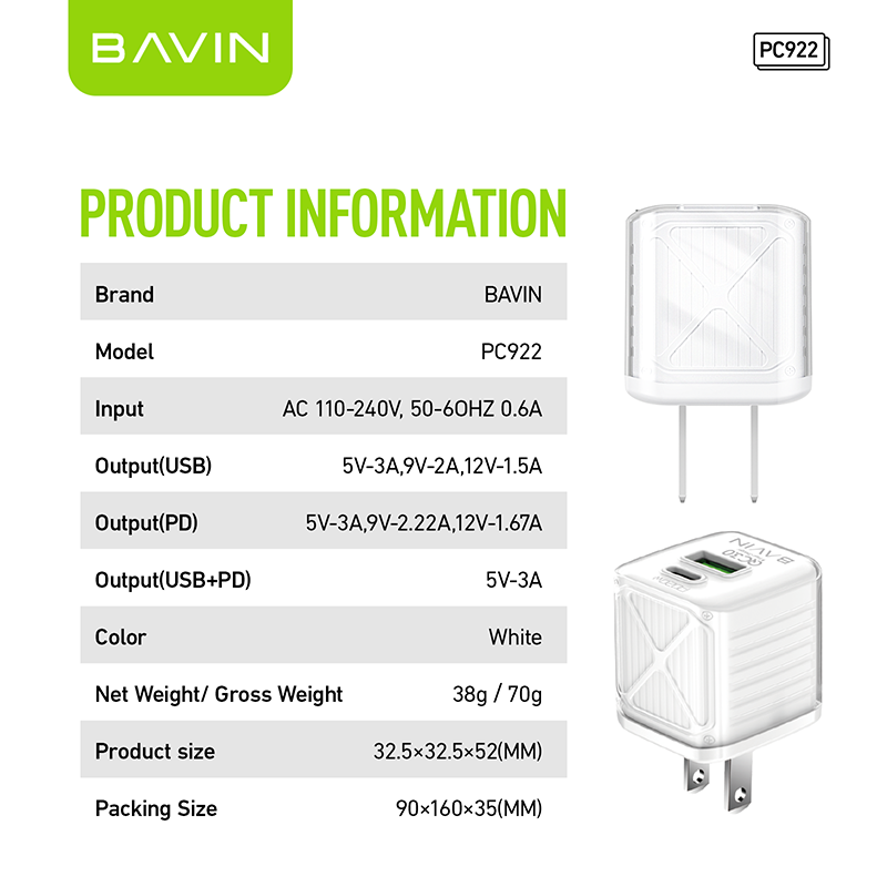 BAVIN PC922 20W PD Dual Port Fast Qualcomm 3.0 and USB-C Port Type-C Mini Fast Charging Adaptor ...