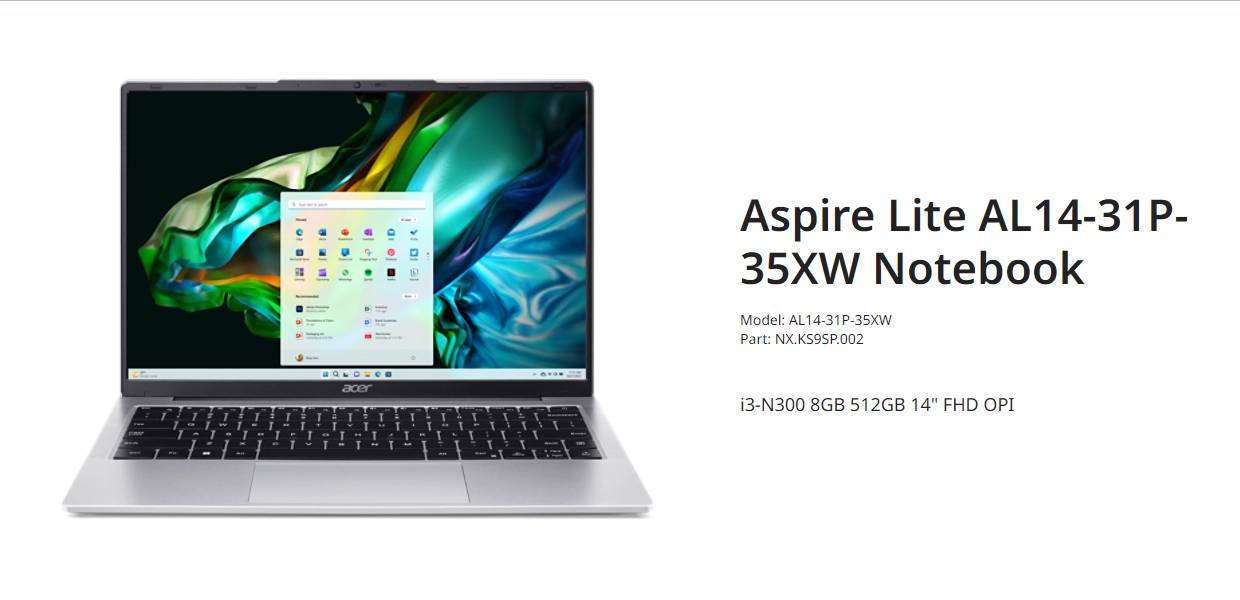 Acer Aspire Lite AL14-31P-35XW 14" Full HD i3-N300 8GB DDR5 512GB SSD ...