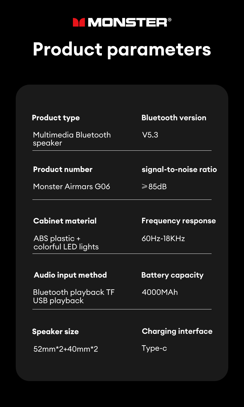 Monster G06 Bluetooth Speaker 4000mAh Aux Audio Cable Heavy Bass Stereo ...