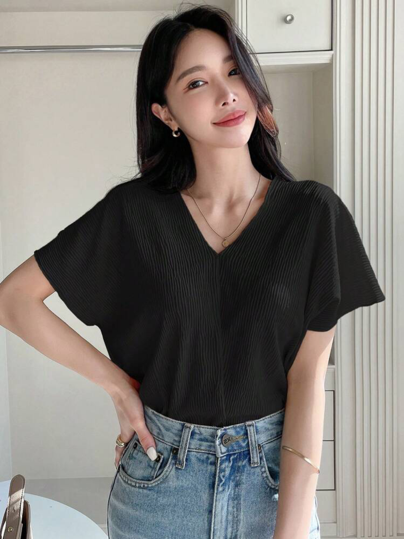 Angelcity V Neck Batwing Sleeve Bark Crepe Tela Loose Design Tops Full ...