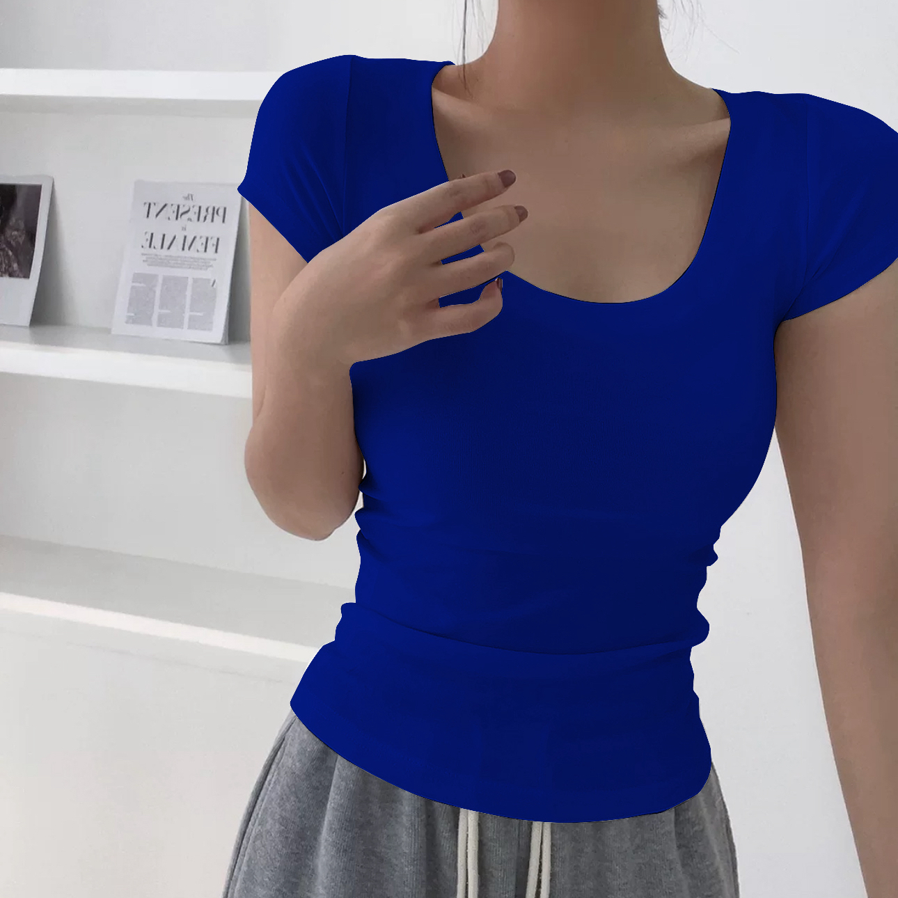 Angelcity U Neck Tops Double Lining For Women Short Sleeve Tee Korean ...