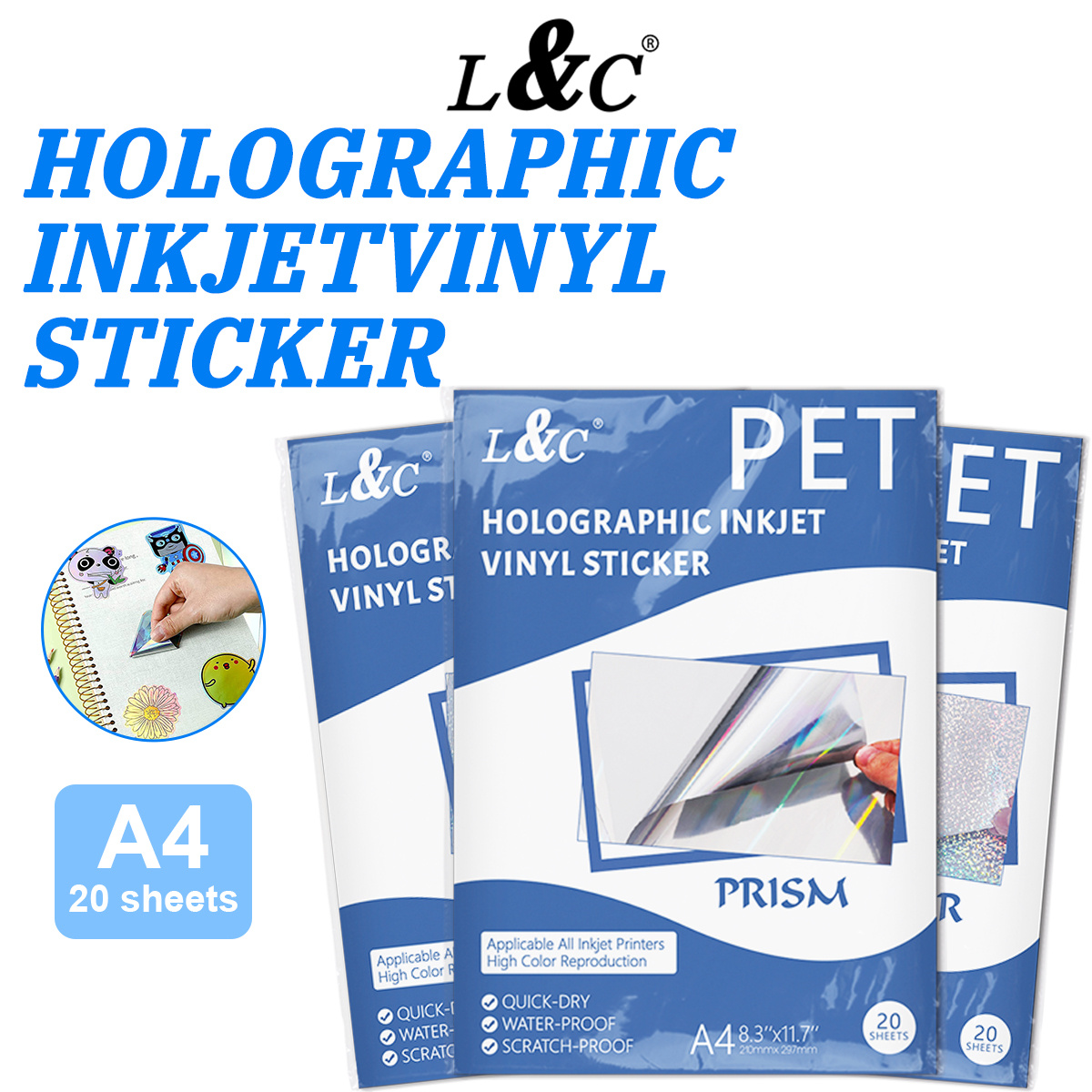 L&C Holographic Inkjet Vinyl Sticker Waterproof A4 20Sheets With ...