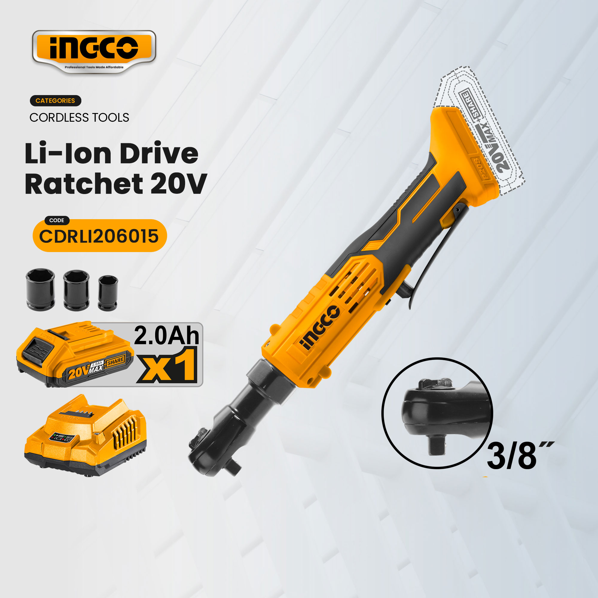 Ingco 20V Lithium-Ion Drive Ratchet High Torque Versatile Socket Set ...