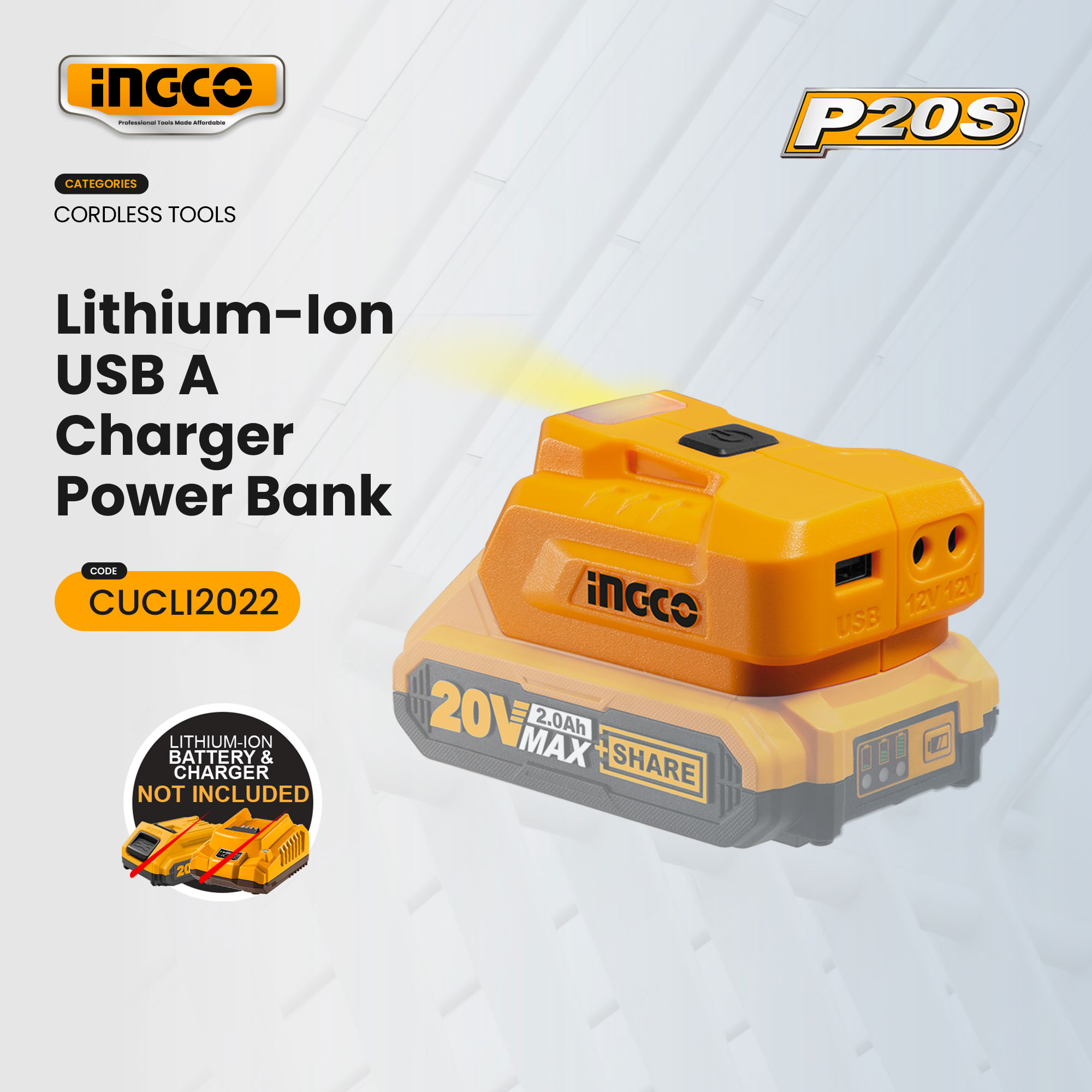 Ingco Lithium-Ion Cordless USB-A Charger 20V NO BATTERY & CHARGER ...