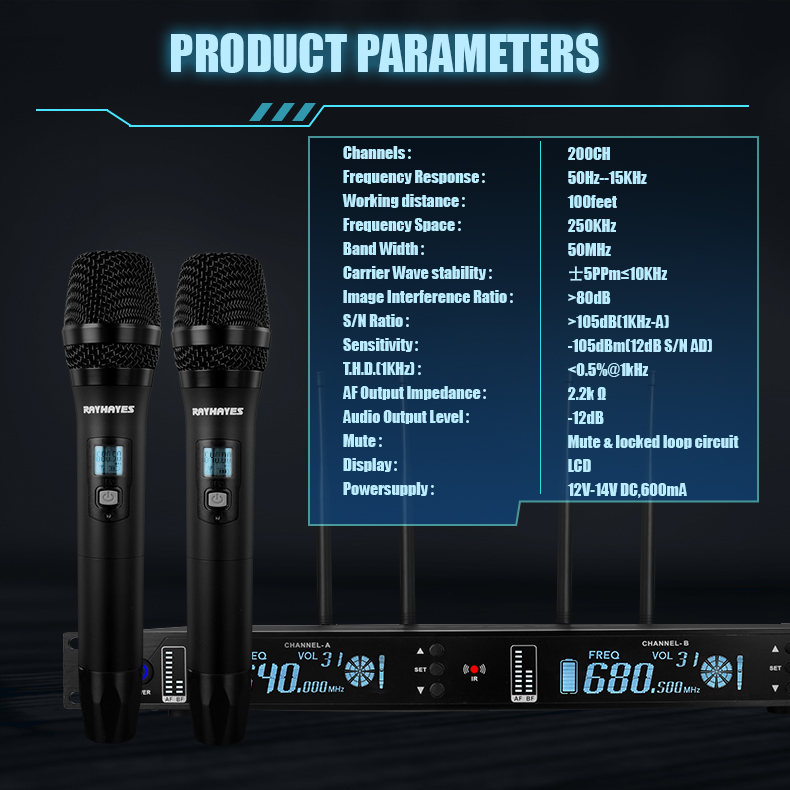 RAYHAYES Professional Wireless Microphone Heavy Duty UHF 200 CHANNEL ...
