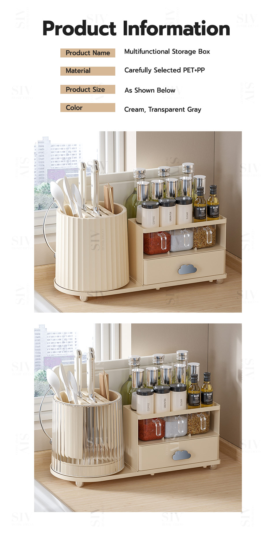 SIV Plastic Spice Condiments Organizer Rack With Cutting Board & Knife ...