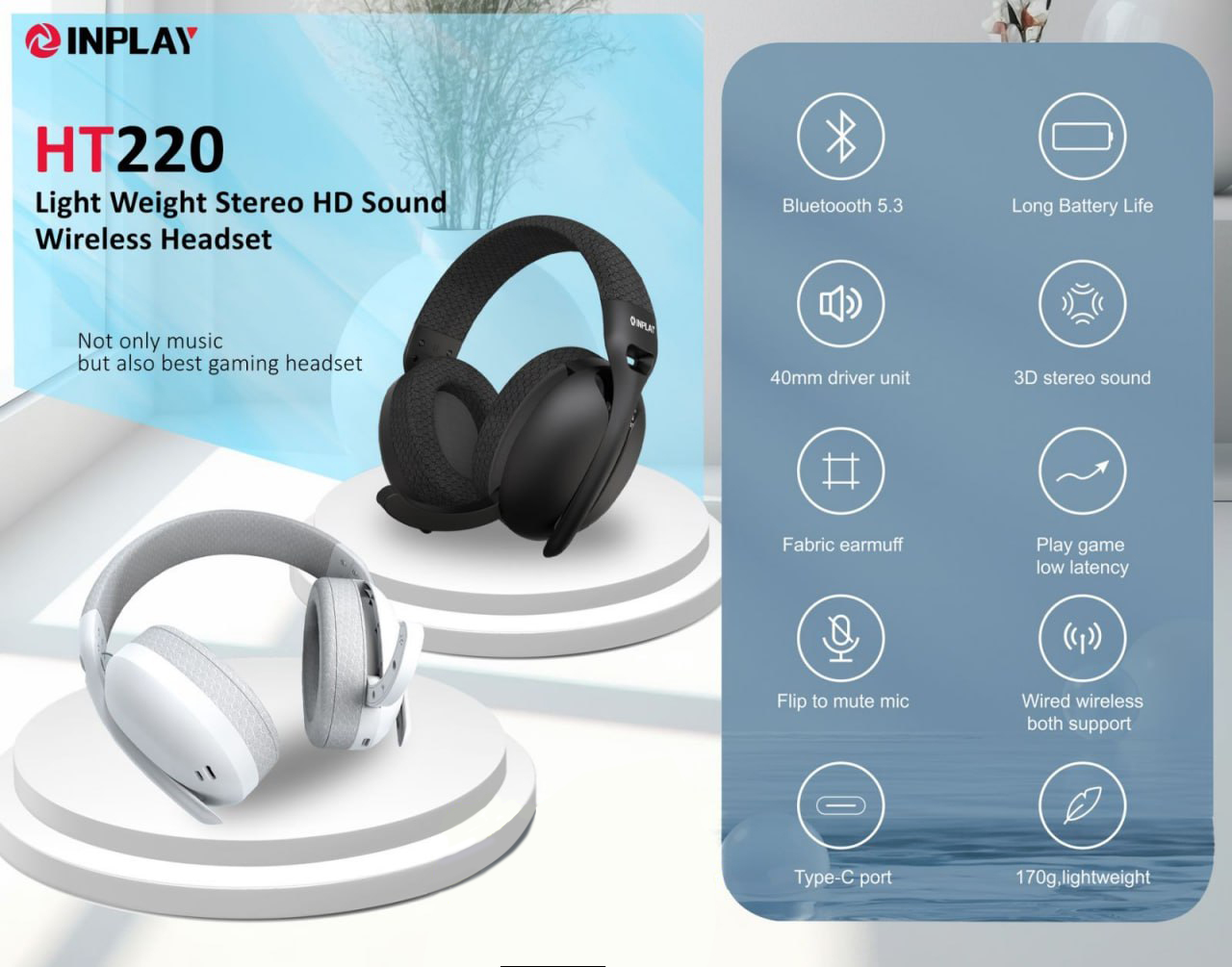 Inplay Headset Headphones HT220 Light Weight Stereo HD Sound Wireless ...