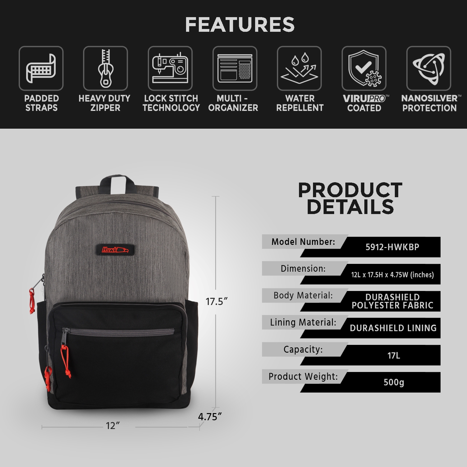 Hawk 5912 Lifestyle Backpack with VIRUPRO Anti-Microbial Protection ...